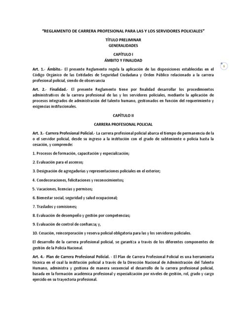 Reglamento De Carrera Profesional Para Las Y Los Servidores Policiales