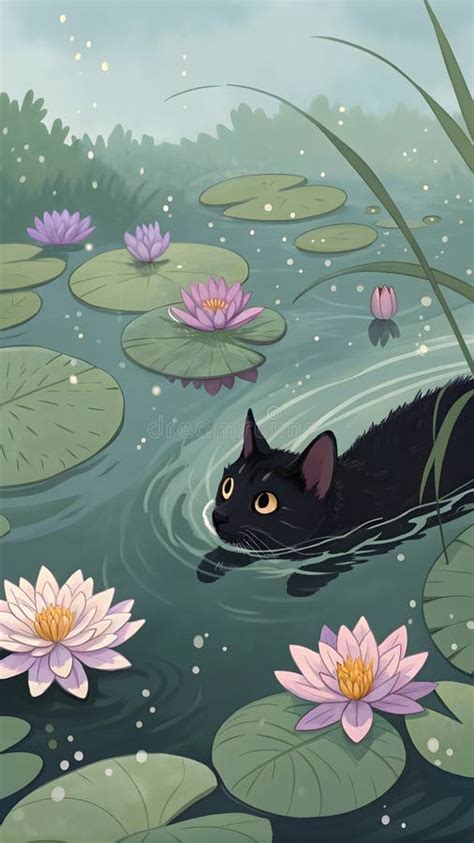 A Black Cat With Bright Eyes Swims In A Pond Of Flowering Water Lilies
