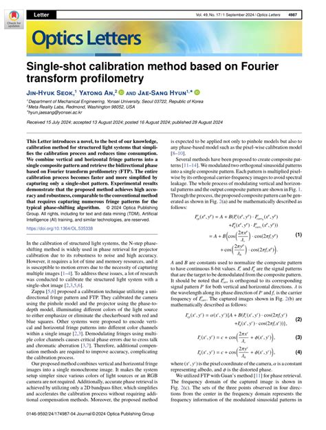 Single Shot Calibration Method Based On Fourier Transform Profilometry