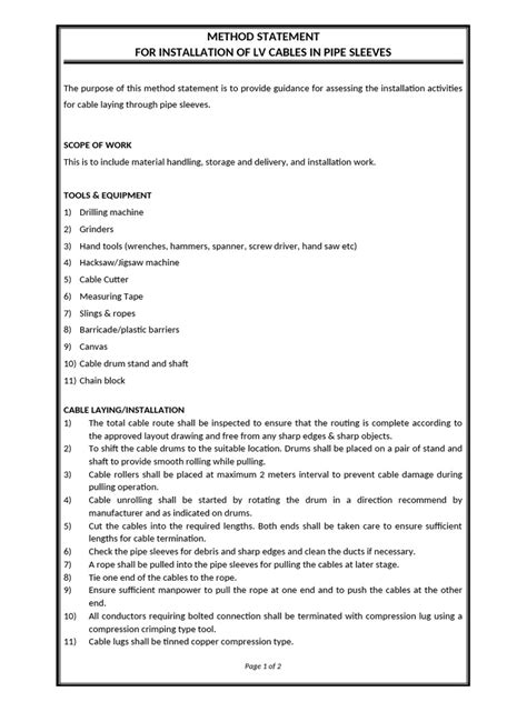 Method Statement Laying Lv Cables Pdf