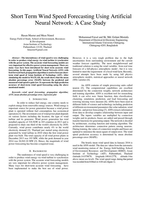 Pdf Short Term Wind Speed Forecasting Using Artificial Neural Network