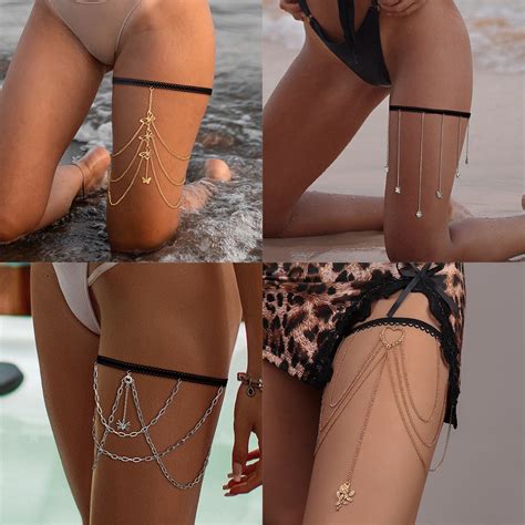 Vintage Sexy Lace Elastic Rope Leg Chain For Women Heart Rose Multi Layer Thigh Chains Beach