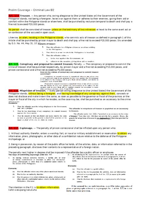 Prelim Coverage Criminal Law Book 2 Prelim Coverage Criminal Law B Art 114 Treason — Any