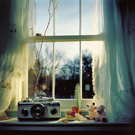Premium Photo There Is A Teddy Bear Sitting On A Window Sill Next To A Camera Generative Ai