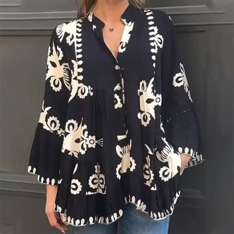 Womens Boho Style Printed Ruffle Top Gaededy