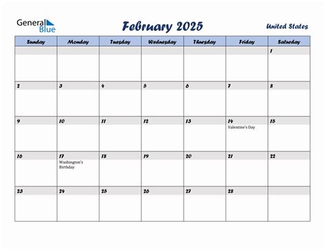 February 2025 Monthly Calendar Template With Holidays For United States