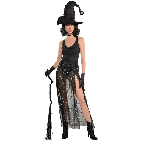 Adult Witch Sheer Mystic Long Skirt With Slit Black Star And Moon Print