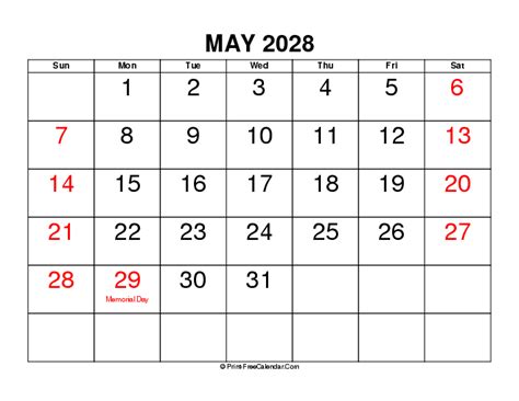 Download Large Font May 2028 Calendar With Usa Holidays Sunday Start Pdf Word Excel