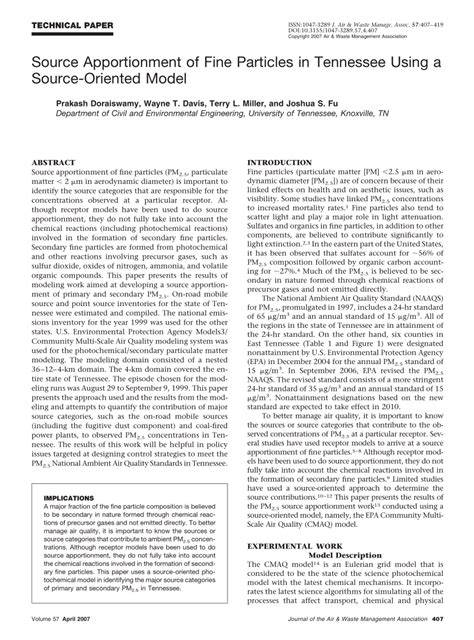 Pdf Source Apportionment Of Fine Particles In Tennessee Using A Source Oriented Model