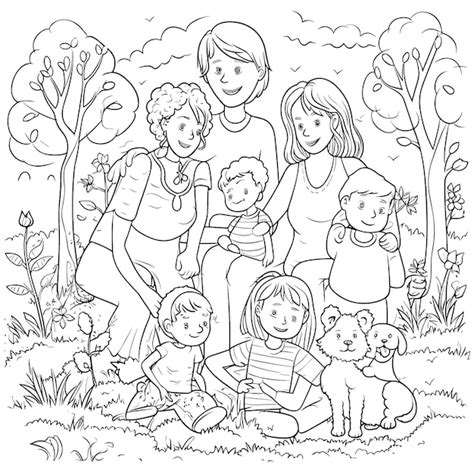 스케치 손으로 그린 단일 라인 아트 색칠 페이지 선 그리기 가족의 날 프리미엄 벡터