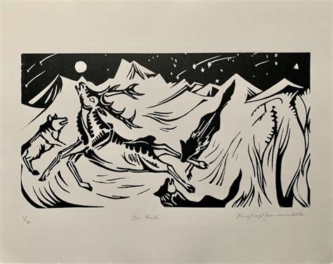 The Hunt Wolves And Elk Linocut Print Fine Art Etsy