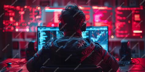 Premium Photo Cybersecurity Expert Analyzing Code In Neonlit Room With High Security Concept