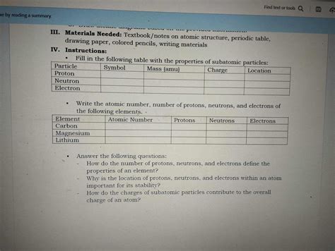 Iii Materials Needed Textbooknotes On Atomic Structure Periodic Table