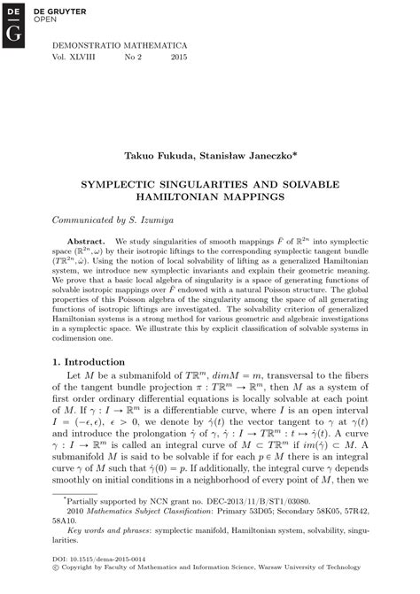 Pdf Symplectic Singularities And Solvable Hamiltonian Mappings