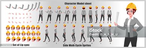 워크 사이클 애니메이션 스프라이트와 입술 동기화 엔지니어 여자 캐릭터 모델 시트 걷기에 대한 스톡 벡터 아트 및 기타 이미지 걷기 만화 엔지니어 Istock