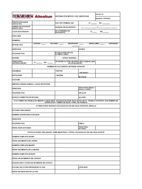 Formato Visa Americana Pdf Visa De Viaje