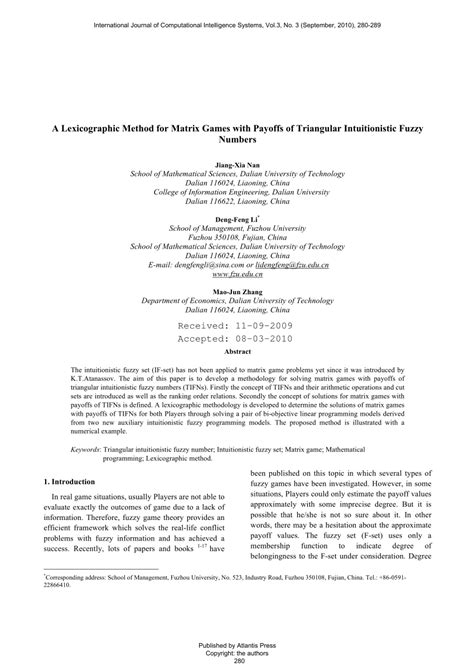 Pdf A Lexicographic Method For Matrix Games With Payoffs Of