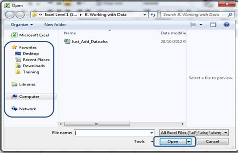 click on the open button located in the left hand panel of the backstage view