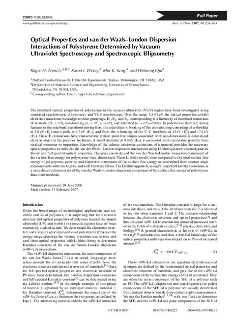 Pdf Optical Properties And Van Der Waalslondon Dispersion Interactions Of Polystyrene