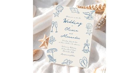 Hand Drawn Coastal Whimsical Doodle Beach Wedding Invitation Zazzle