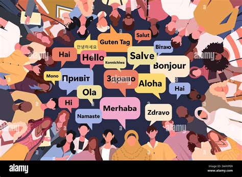 People Say Hi In Different Languages Speech Bubbles Group Of Multiethnic Men And Women Stand