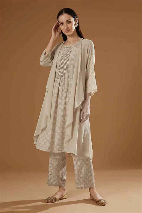 Buy Ivory Crinkle Bemberg Embroidered Jacket Front Open Shrug And Pant