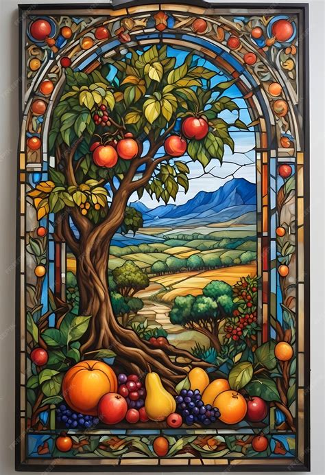 Stained Glass Window Depicting A Fruit Tree And Countryside Premium
