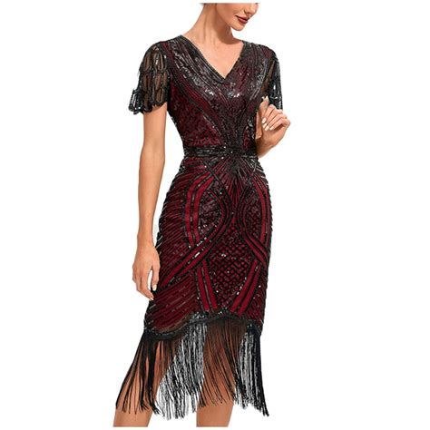 Favipt Women Sparkly Sequin Fringe Mini Dress Sleeveless Dance Tassel