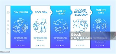 로타바이러스 증상 온보딩 벡터 템플릿 배뇨 빈도 감소 바이러스 감염 징후 아이콘이 있는 반응형 모바일 웹사이트 웹 페이지 연습