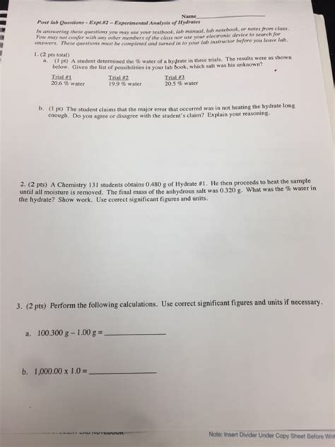 Solved Name Post Lab Questions Expe2 Experimental Analysis