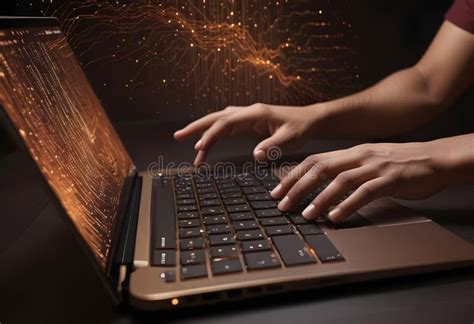 Hands Typing On A Laptop Keyboard With A Glowing Orange Digital