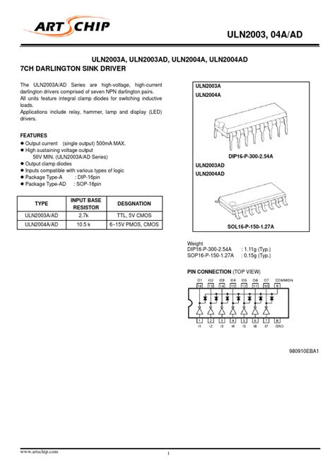 Uln2004 Uln2003 7ch Darlington Sink Driver Art Chip