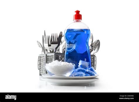 Detail Of Dishwasher Products On Stack Of Plates And Basket With