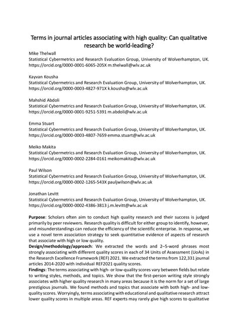 Terms In Journal Articles Associating With High Quality Can
