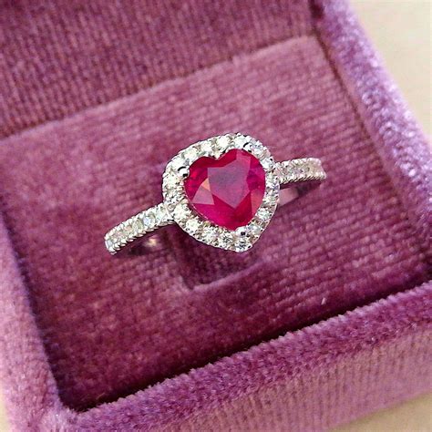 8 Mm Ruby Halo Engagement Ring In 14k White Gold Ruby Heart Ring Proposal Ring Forlove