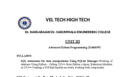Advanced Python Programming 21ai651pt Unit 3 Notes On Sql And Gui
