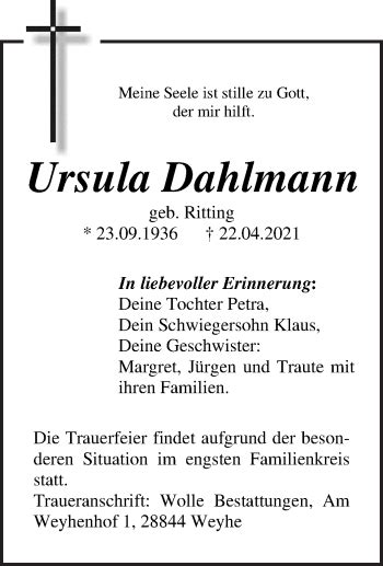 Traueranzeigen Von Ursula Dahlmann Trauer And Gedenken