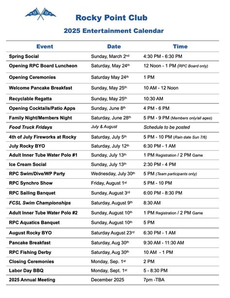 Events Calendar — Rocky Point Club