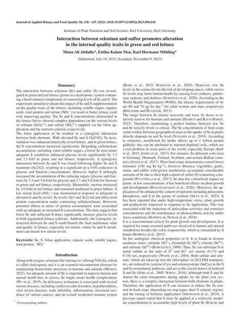Pdf Interaction Between Selenium And Sulfur Promotes Alteration In The Internal Quality Traits