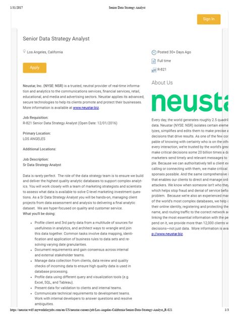 Neustar Senior Data Strategy Analyst Pdf Microsoft Excel Data
