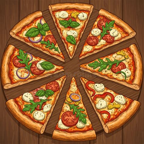 Illustration Of Eight Distinct Pizza Slices Arranged In A Circle On A