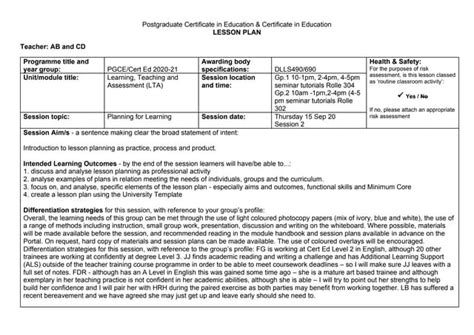 Lesson Plan Example From Pgce Cert Ed[4751] Pdf