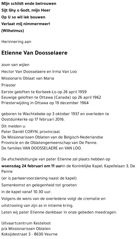 Avis De Décès De Etienne Van Doosselaere Décédé Le 17022016 à Oostduinkerke Annonce