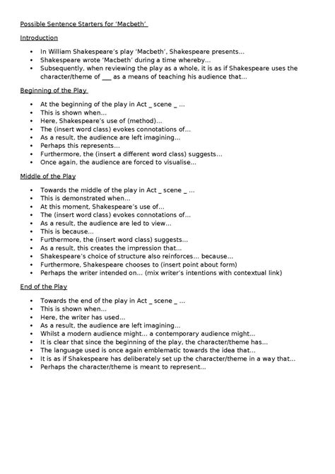 Gcse English Literature Macbeth Sentence Starters Exam Questions And Model Answers English