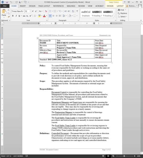 Fsms Document Control Procedure