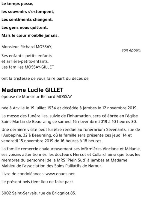 Avis De Décès De Lucile Gillet Décédé Le 12 11 2019 à Jambes Annonce