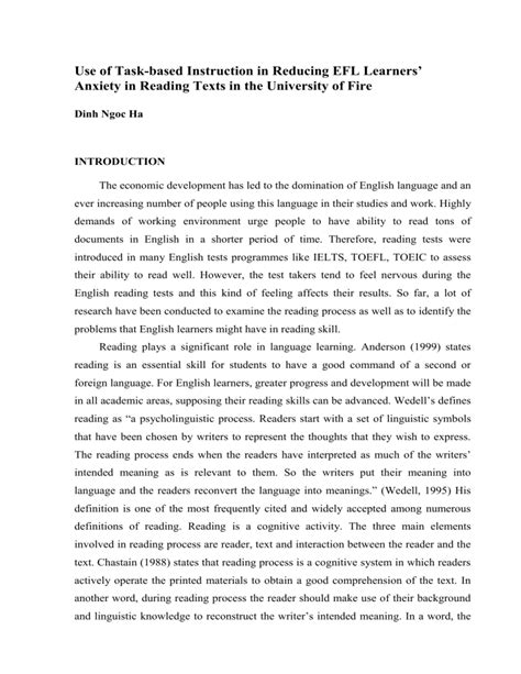 Task Based Instruction And Efl Reading Anxiety Reduction