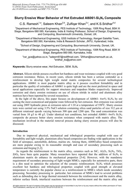 Pdf Slurry Erosive Wear Behavior Of Hot Extruded Al6061 Si3n4 Composite