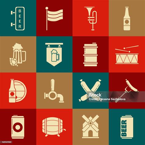 맥주 캔 포크에 소시지 악기 드럼 및 드럼 스틱 트럼펫 맥주 한 잔이 있는 거리 간판 유리 홉 비문 및 금속 통 아이콘을 설정합니다 벡터 0명에 대한 스톡 벡터 아트 및
