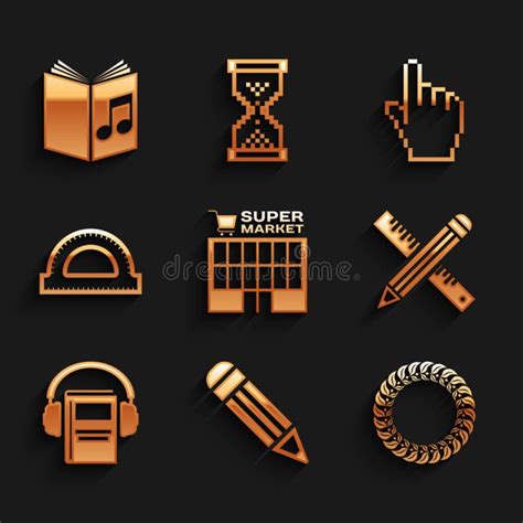 Set Supermarket Building Pencil Laurel Wreath Crossed Ruler And